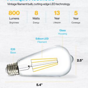 Sunco 10 Pack 60W Vintage LED Edison Bulbs Equivalent 8.5W CRI92 800 Lumens, Dimmable ST64 Filament 2700K Soft White E26 Medium Base Light Bulbs High Brightness Clear Glass Waterproof UL