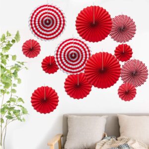 ONUPGO Red Paper Fans Hanging Paper Fans Flower Set, 12PCS Mexican Fiesta Kids Party Decorations Hanging Banner for Wedding Birthday Engagement Bridal Shower Baby Shower Event Holiday Celebration