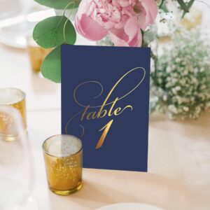 Bliss Collections Table Numbers 1-40 Plus Head Table Card, 4 x 6 Navy Gold Table Cards, Double-Sided 130lb Heavyweight Card Stock for Weddings, Receptions, Showers, Special Occasions, Events