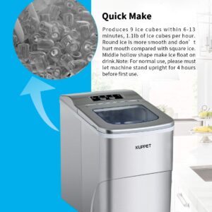 KUPPET Ice Maker Machine for Countertop, Portable Automatic Ice Maker with LCD Display, 9 Ice Cubes Ready in 6min, 26 lbs/Day - for Parties/Home/Office/Bar, Ice Scoop and Basket (Silver)