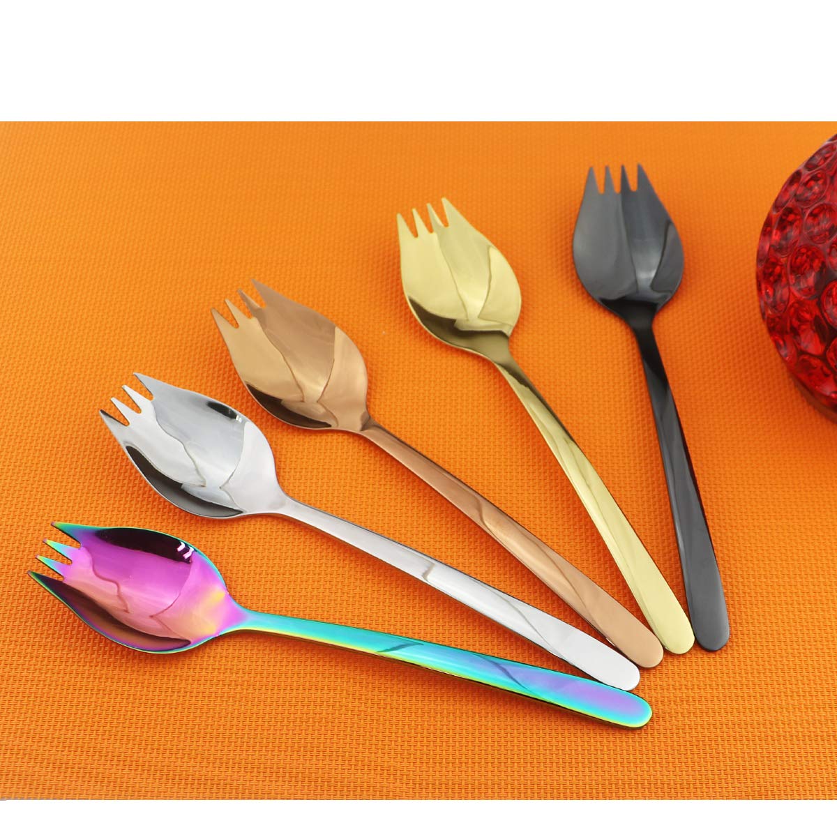 Gugrida 4 Pcs Rose Gold Spork for Household Use Camping Travel Hiking, 18/10 Stainless Steel Spoon Fork, Noodles Appetizer Dessert Spoon, Healthy & Eco-Friendly Silverware Set, 8.26-in w/Portable Bag