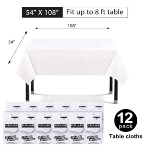 Eleclassi White 12 Pack Premium Disposable Plastic Tablecloth 54 x 108 in - Plastic Table Cloth Disposable Tablecloth for 6 or 8 Foot Rectangle Tables