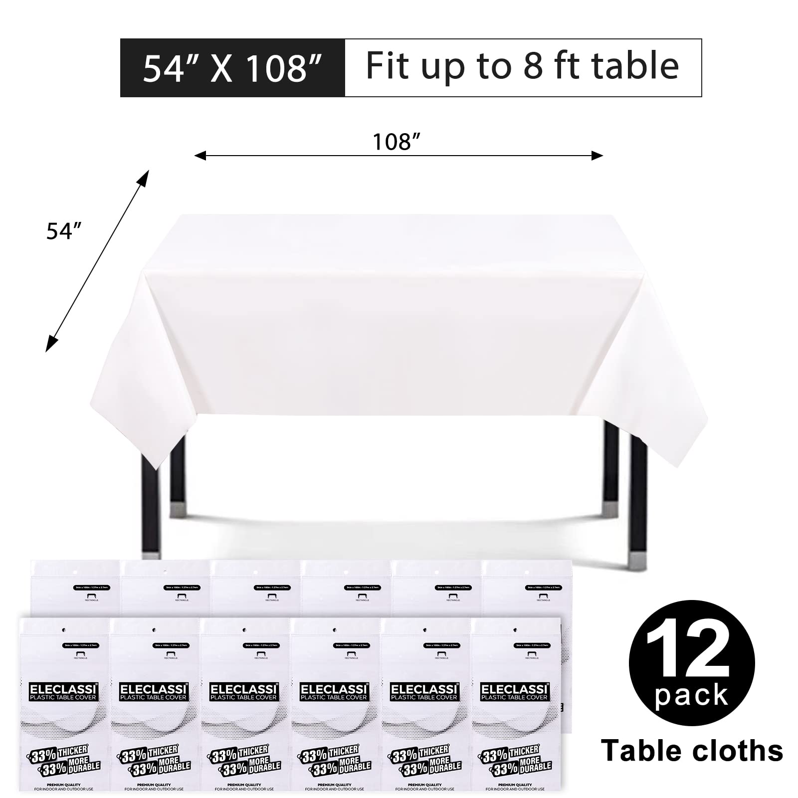 Eleclassi White 12 Pack Premium Disposable Plastic Tablecloth 54 x 108 in - Plastic Table Cloth Disposable Tablecloth for 6 or 8 Foot Rectangle Tables