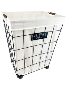 rae dunn heavy duty laundry hamper on wheels - lined basket with removable cloth liner - by designstyles