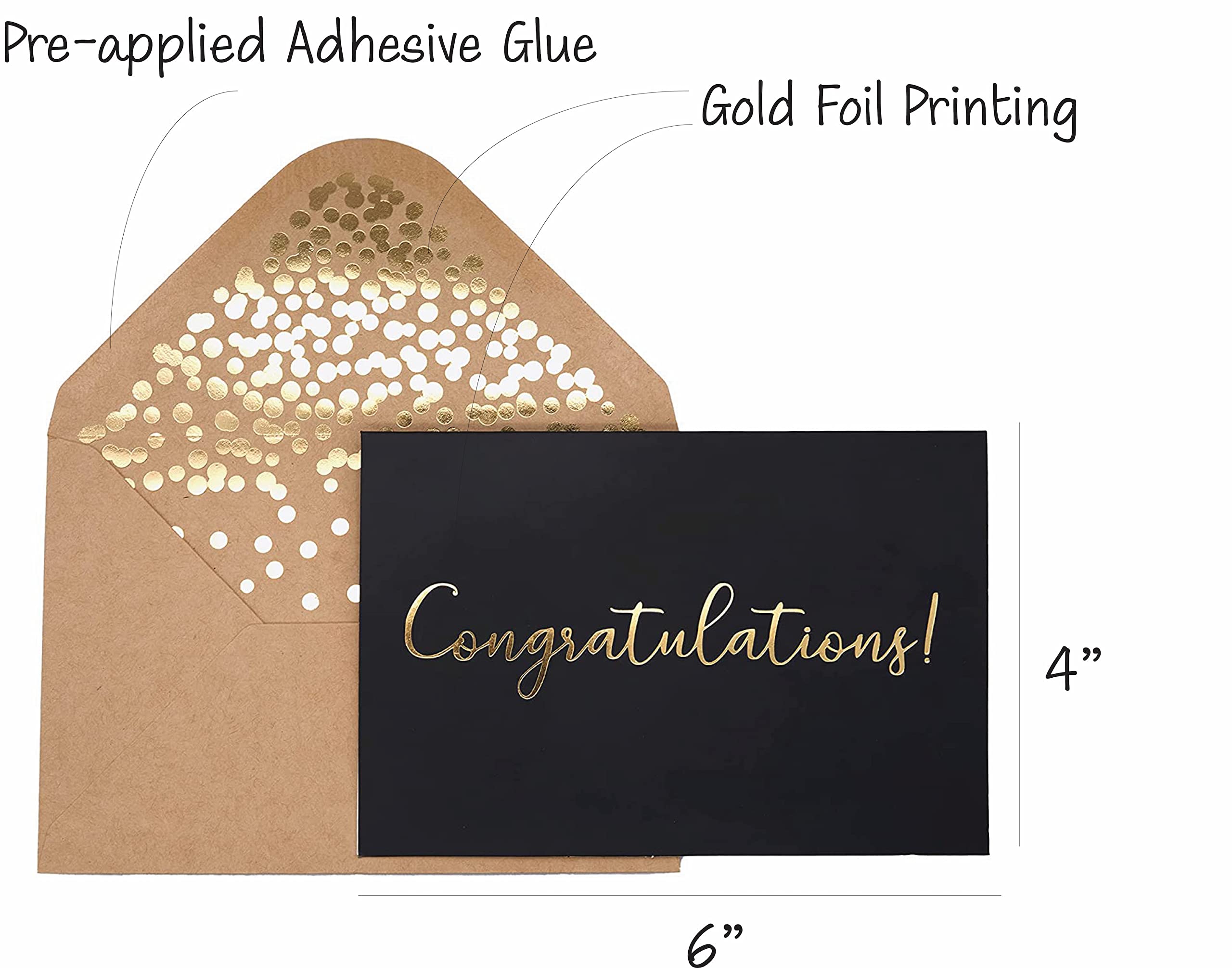 50 Pack Congratulations Card – Elegant Greeting Cards With ‘’Congratulations’’ Embossed In Gold Foil Letters – For Engagement, Graduation, Wedding - 52 Kraft Envelopes Included - 4" x 6" (Black)