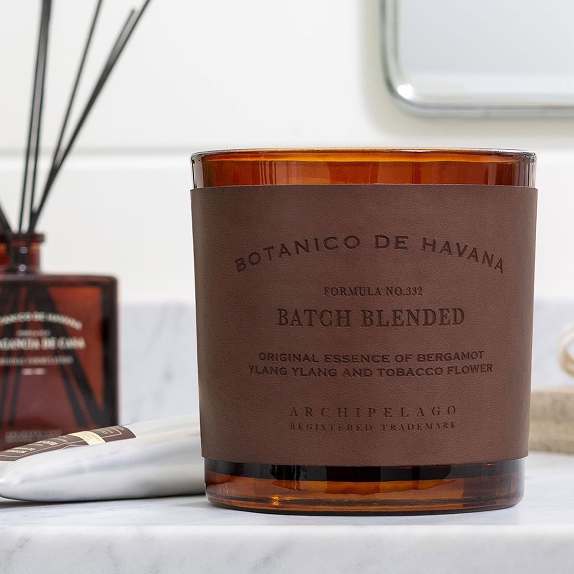 Archipelago Botanicals Botanico de Havana Letter Press Candle, Bergmaot, Tobacco Flower and Ylang Ylang Scent, Hand-Tooled Leather Wrap, Burns Approx. 100 Hours (13 oz)