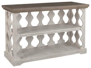 signature design by ashley havalance farmhouse sofa table with 2 fixed storage shelves, gray & white with weathered finish