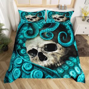 feelyou octopus duvet cover set queen size 3d print skull bedding set blue decorative luxury horror microfiber polyester comforter cover with 2 pillow shams, zipper, marine life, 3 pieces