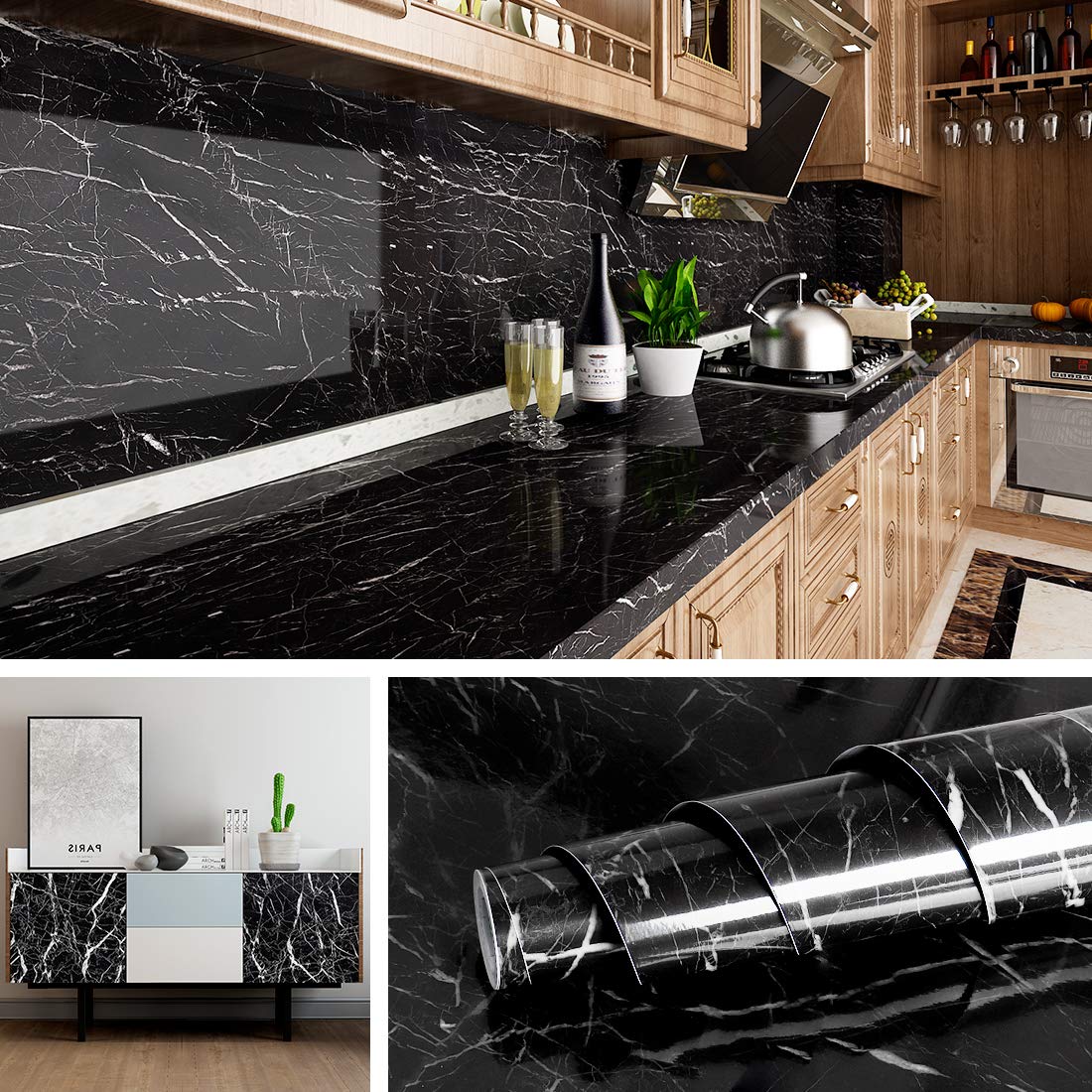 Livelynine Black Marble Wallpaper for Kitchen Counter Top Black Peel and Stick Contact Paper for Countertops Waterproof Desk Dresser Table Cover Sticker Renter Friendly Countertop Vinyl Wrap 15.8x78.8