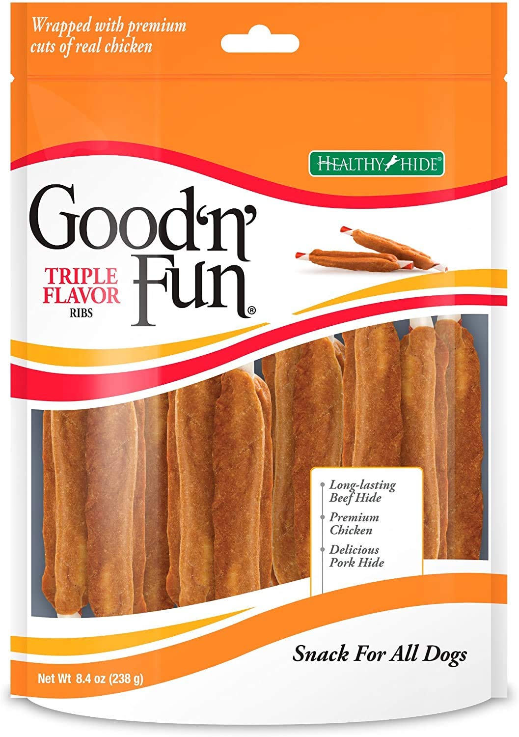 Healthy Hide Good 'n' Fun Triple Flavor Ribs - Rawhide, Chicken & Pork Hide 8.4 oz - Pack of 2