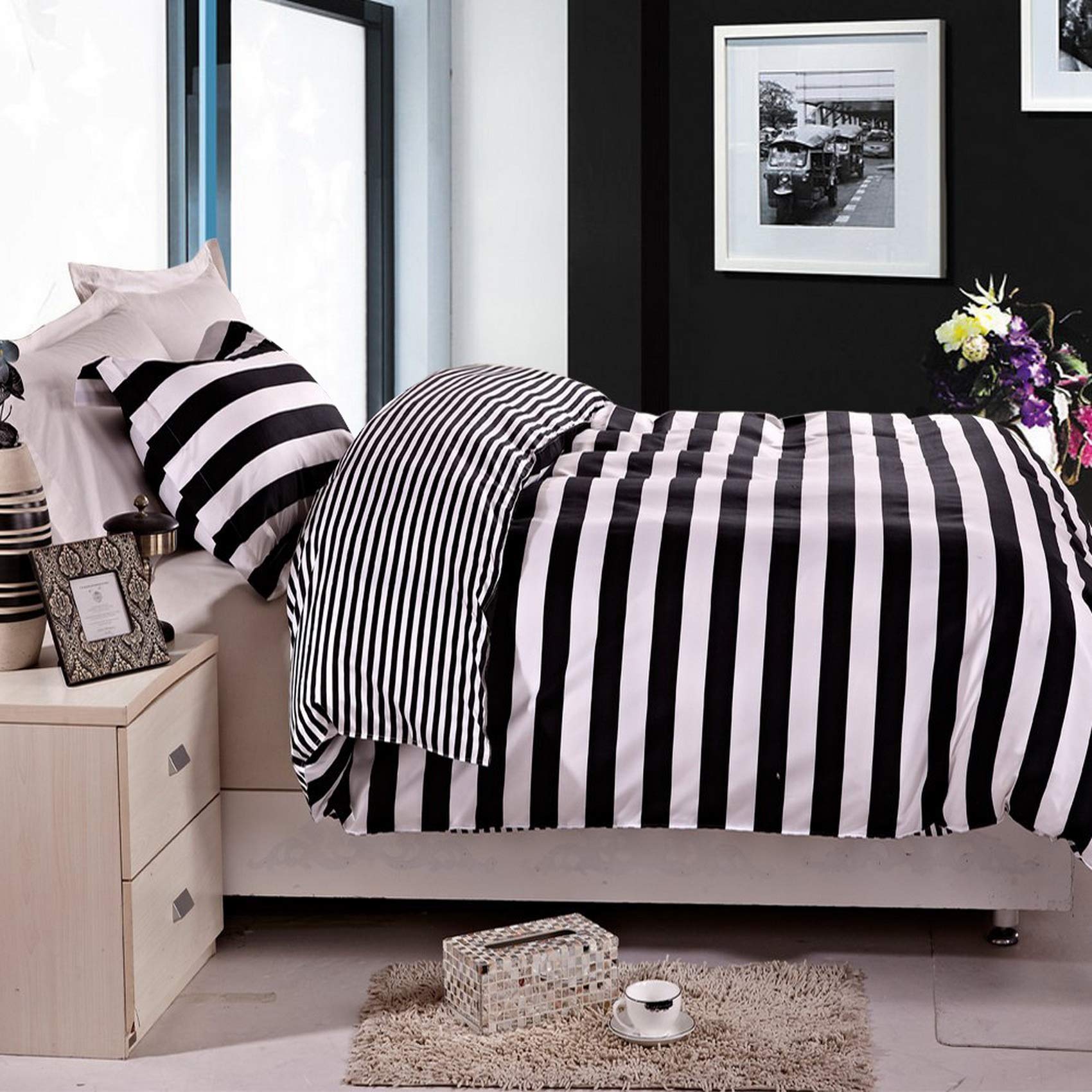 NTBAY 2 Pieces Duvet Cover Set Twin Size for Kids, Reversible Zipper Comforter Cover with 4 Corner Ties and 1 Pillow Sham, Soft Brushed Microfiber Duvet Cover Set with Black and White Stripe Printed