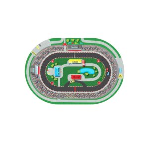 kidcarpet.com race car rug, 4' x 6' oval race track play rug | educational learning rug for children's classroom | area rug for kids playroom or bedroom