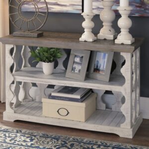 Signature Design by Ashley Havalance Farmhouse Sofa Table with 2 Fixed Storage Shelves, Gray & White with Weathered Finish