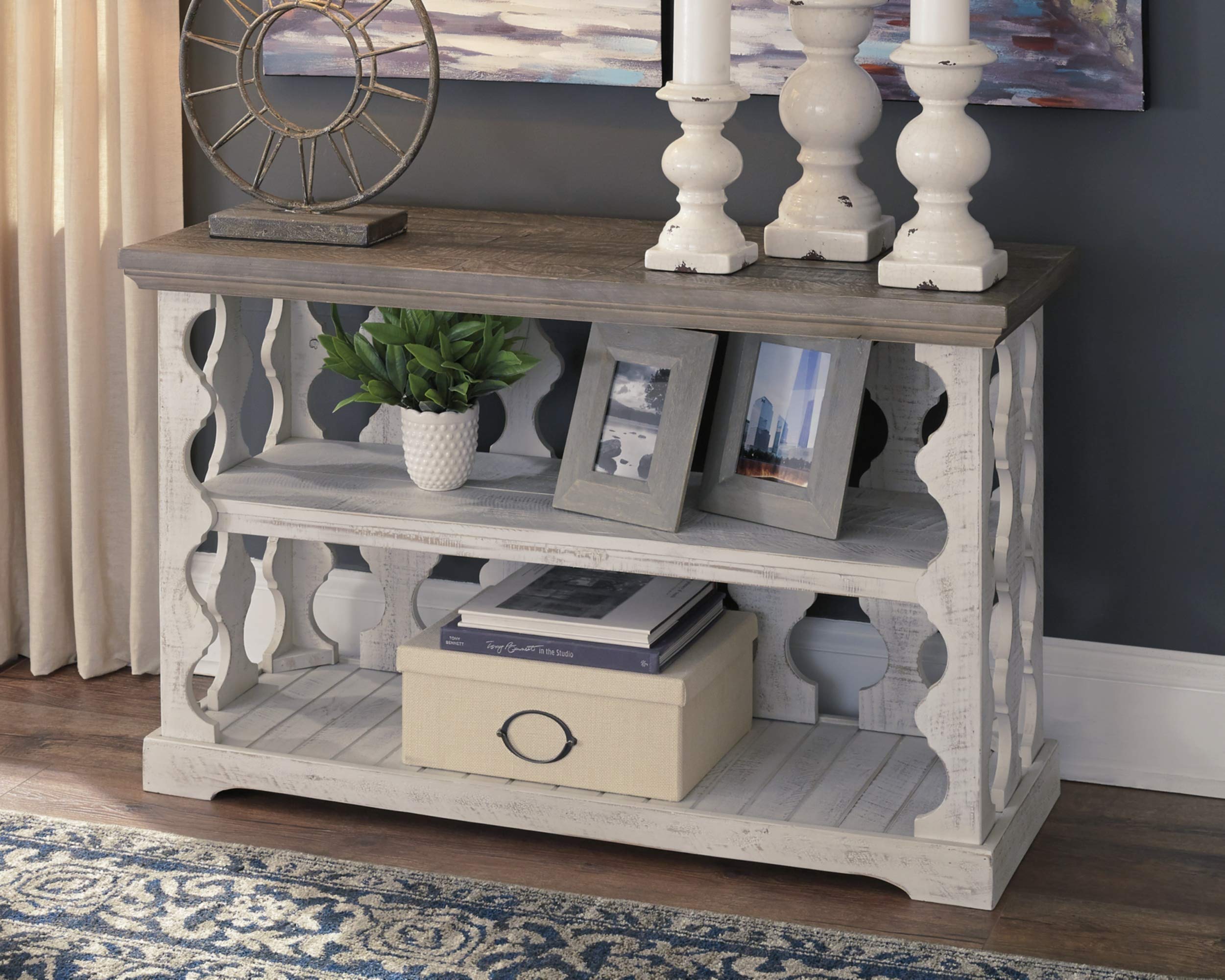 Signature Design by Ashley Havalance Farmhouse Sofa Table with 2 Fixed Storage Shelves, Gray & White with Weathered Finish