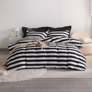 NTBAY 2 Pieces Duvet Cover Set Twin Size for Kids, Reversible Zipper Comforter Cover with 4 Corner Ties and 1 Pillow Sham, Soft Brushed Microfiber Duvet Cover Set with Black and White Stripe Printed