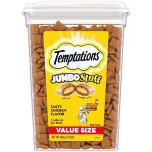 temptations jumbo stuff crunchy and soft cat treats, tasty chicken flavor, 14 oz. tub, (pack of 1)