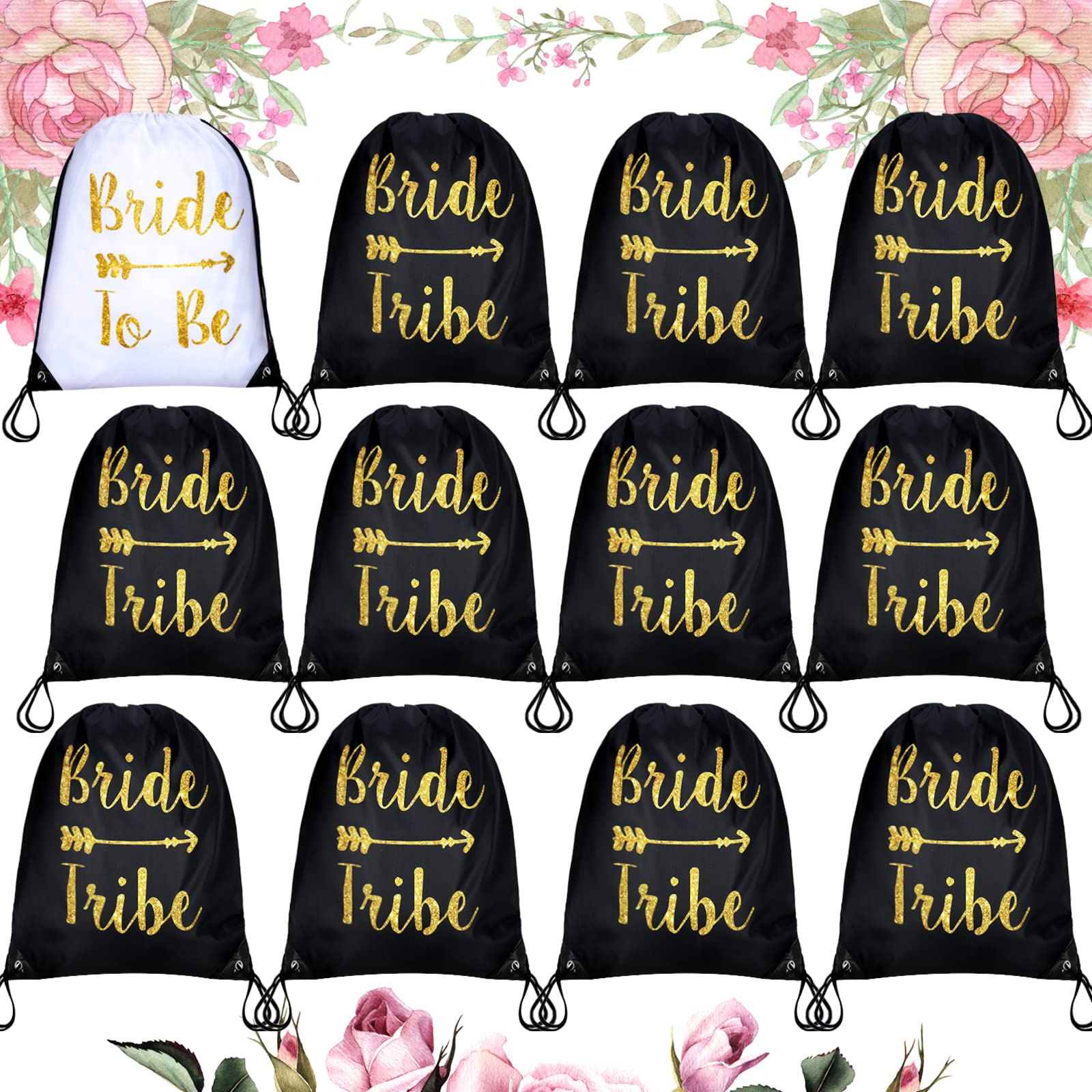 Maitys 12 Pieces Bride Drawstring Bags Bachelorette Party Drawstring Backpacks for Bridal Shower Wedding Party Bridesmaids Supplies Gift Bag (Black)