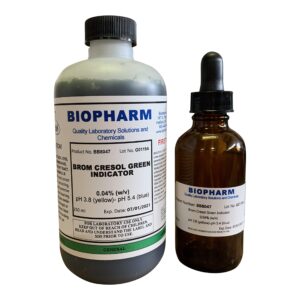 bromocresol green indicator 0.04% w/v aqueous solution — 250 ml *(8.4 fl oz) — includes a 50 ml empty dropper bottle and dispensing cap — ph 3.8 (yellow) - ph 5.4 (blue)