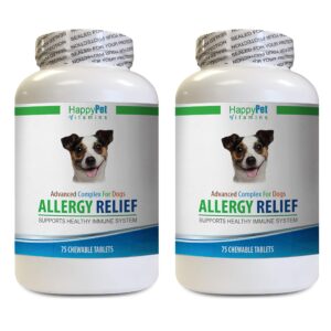 HAPPY PET VITAMINS LLC Dog Allergy Itch Relief - Dog Allergy Relief - Immune Booster - Itch Relief - Skin Soother - Treats - Dog tumeric Vitamin - 2 Bottles (150 Chewable Tabs)