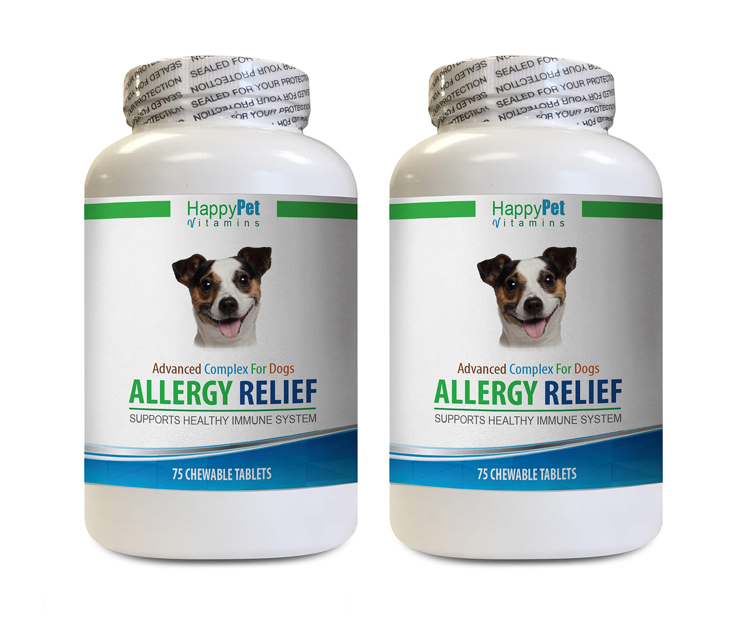 HAPPY PET VITAMINS LLC Dog Allergy Itch Relief - Dog Allergy Relief - Immune Booster - Itch Relief - Skin Soother - Treats - Dog tumeric Vitamin - 2 Bottles (150 Chewable Tabs)