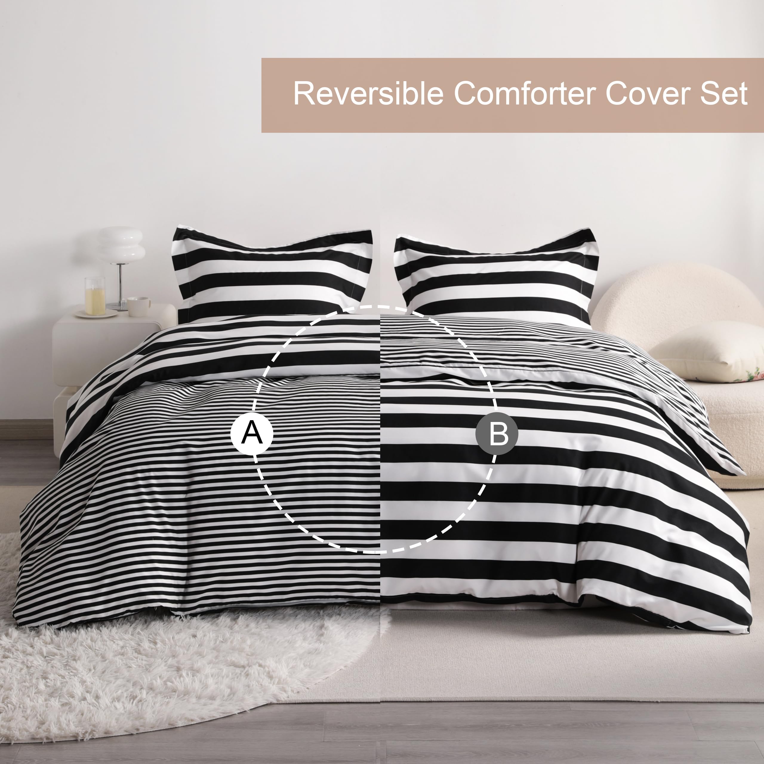 NTBAY 2 Pieces Duvet Cover Set Twin Size for Kids, Reversible Zipper Comforter Cover with 4 Corner Ties and 1 Pillow Sham, Soft Brushed Microfiber Duvet Cover Set with Black and White Stripe Printed