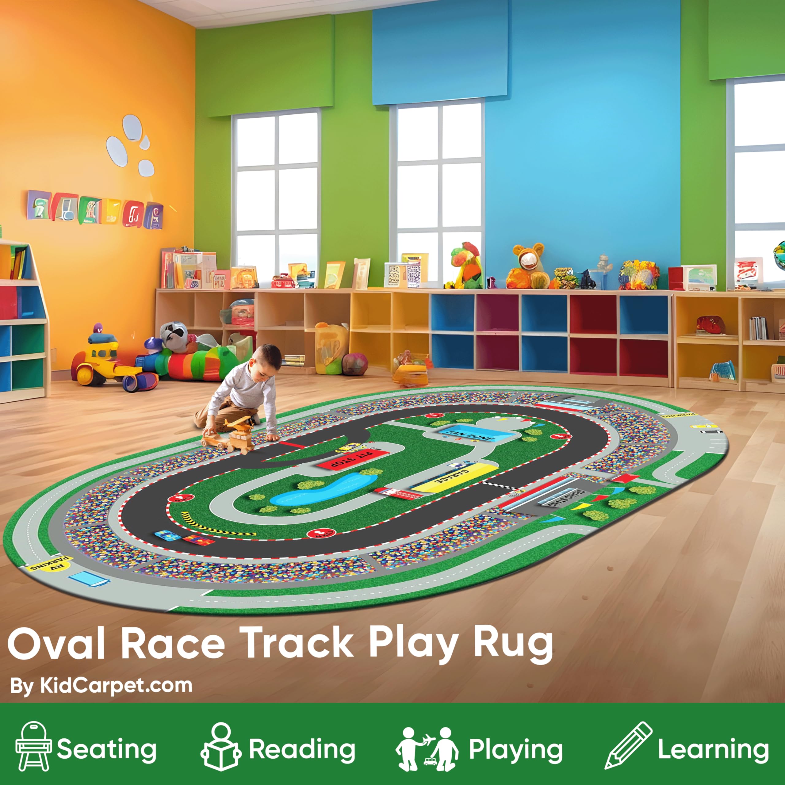 KidCarpet.com Race Car Rug, 4' x 6' Oval Race Track Play Rug | Educational Learning Rug for Children's Classroom | Area Rug for Kids Playroom or Bedroom