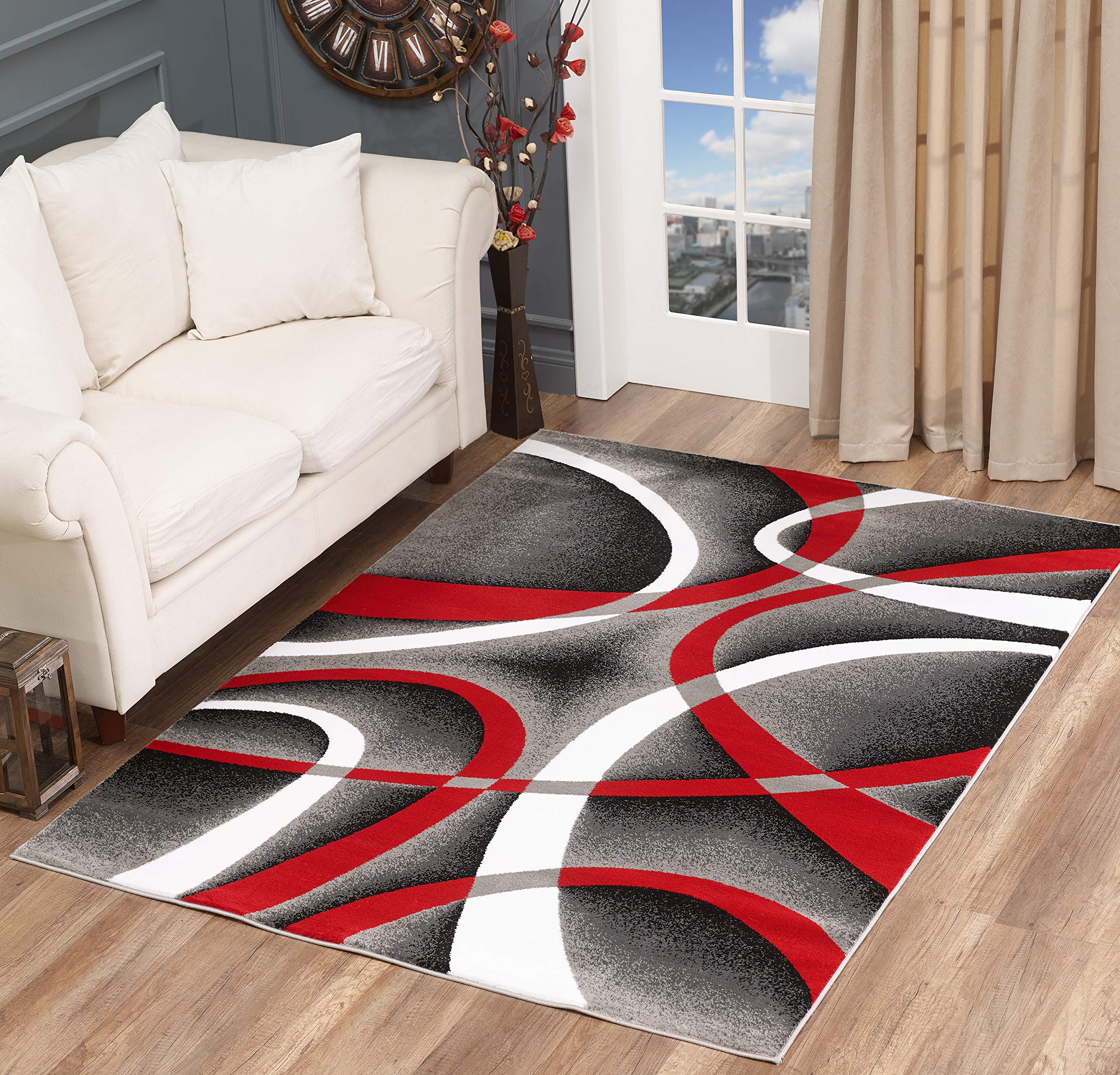 GLORY RUGS Modern Area Rug 5x7 Red Swirls Carpet Bedroom Living Room Contemporary Dining Accent Sevilla Collection 4816A (Grey Red)