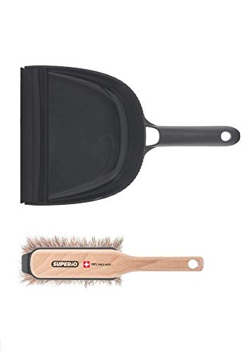 Superio Handheld Comfort Grip Dustpan and Brush Set - Hand Broom with Swiss Natural Horsehair Bristles.