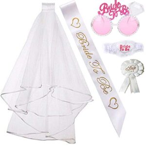 bieaeia bachelorette party bride to be kit-1 white double ribbon edge center cascade bridal wedding veil with comb,1 bride to be satin sash, 1 badge, 1 leg lace. 1 pink bride to be glasses