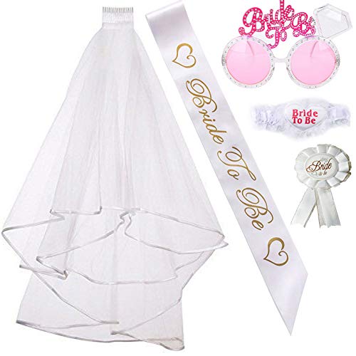 BIEAEIA Bachelorette Party Bride to Be Kit-1 White Double Ribbon Edge Center Cascade Bridal Wedding Veil with Comb,1 Bride to Be Satin Sash, 1 Badge, 1 leg lace. 1 Pink Bride to be glasses