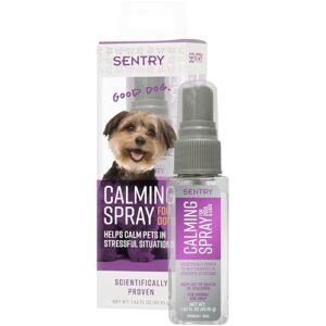 sentry pet care sentry calming spray for dogs, uses pheromones to reduce stress, easy spray application, helps dogs with separation, travel, loud noises, and anxiety, packaging may vary