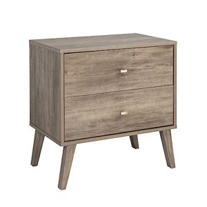 prepac milo mid-century modern 2 drawer nightstand, bedside table, contemporary bedroom furniture, 16"d x 25"w x 25"h, drifted gray