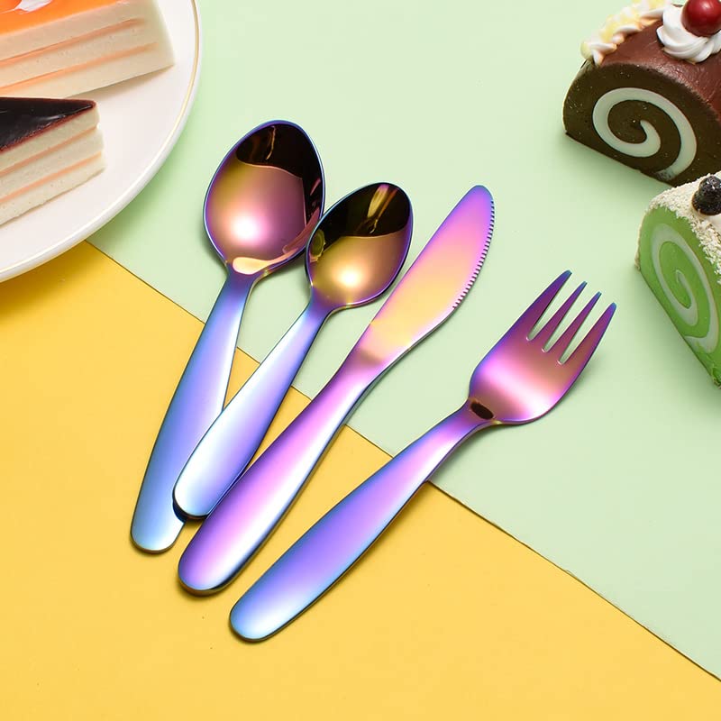 OBTIAN Stainless Steel Customized Rainbow Kids Silverware 2/3/4 Pieces Set,Engraving Name Knife Forks Spoon Set,Personalized Children's name tableware, Customized Flatware Set Rainbow