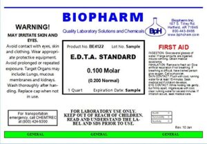 e.d.t.a. standard 0.100 molar (0.200 normal) | 1 quart bottle | for hardness titrating | biopharm | ethylene diamine tetra-acetic acid