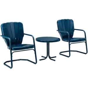 crosley furniture ridgeland 3-piece outdoor chair and side table set, retro metal bistro patio sets for deck, navy