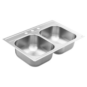 moen gs202133q 2000 series 33-inch 20 gauge drop-in double bowl stainless steel kitchen sink, featuring quickmount