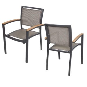 KARMAS PRODUCT 4 Pack Stackable Indoor/Outdoor Patio Dining Chairs with Teak Armrest,Textilene Mesh Fabric Aluminum Frame,Gray