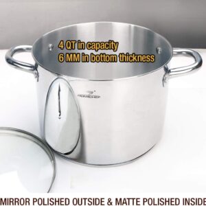 HOMICHEF Small Stock Pot 4 Quart Nickel Free Stainless Steel - Small 4 Qt Pot With Lid - 4Qt Stockpot With Lid - Soup Pot Small Cooking Pot 4 Quart - 4 Qt Pot With Glass Lid - Induction Pot With Lid