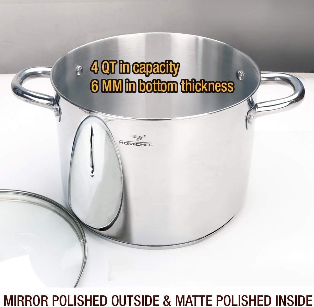 HOMICHEF Small Stock Pot 4 Quart Nickel Free Stainless Steel - Small 4 Qt Pot With Lid - 4Qt Stockpot With Lid - Soup Pot Small Cooking Pot 4 Quart - 4 Qt Pot With Glass Lid - Induction Pot With Lid