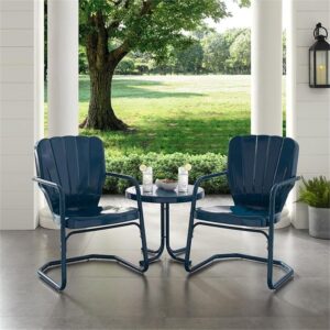 Crosley Furniture Ridgeland 3-Piece Outdoor Chair and Side Table Set, Retro Metal Bistro Patio Sets for Deck, Navy