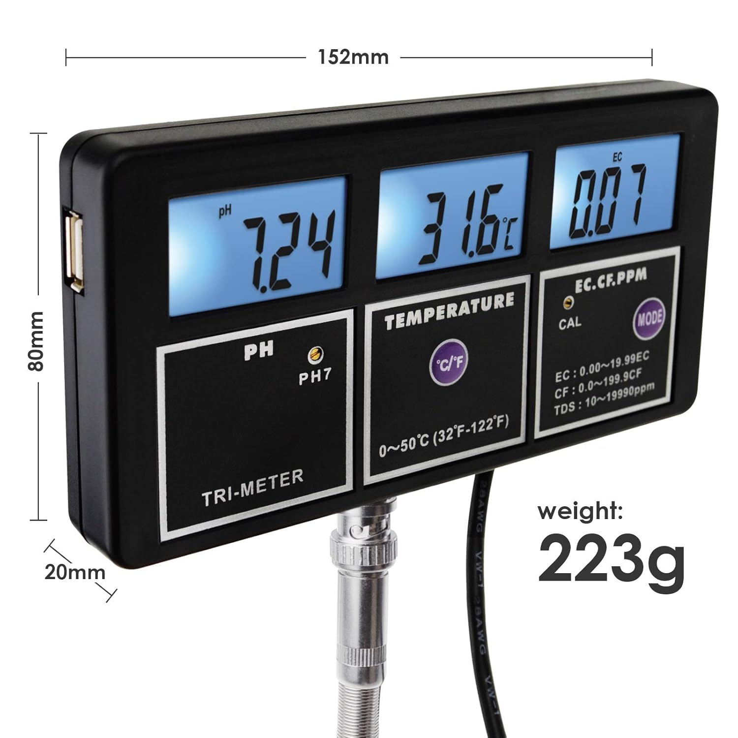 5-in-1 Water Quality Meter, PH EC CF TDS Temperature Multi-Parameter Water Quality Monitor with Backlight, Wall-mountable & Rechargeable, Water Quality Tester for Aquariums, Hydroponics, Lab