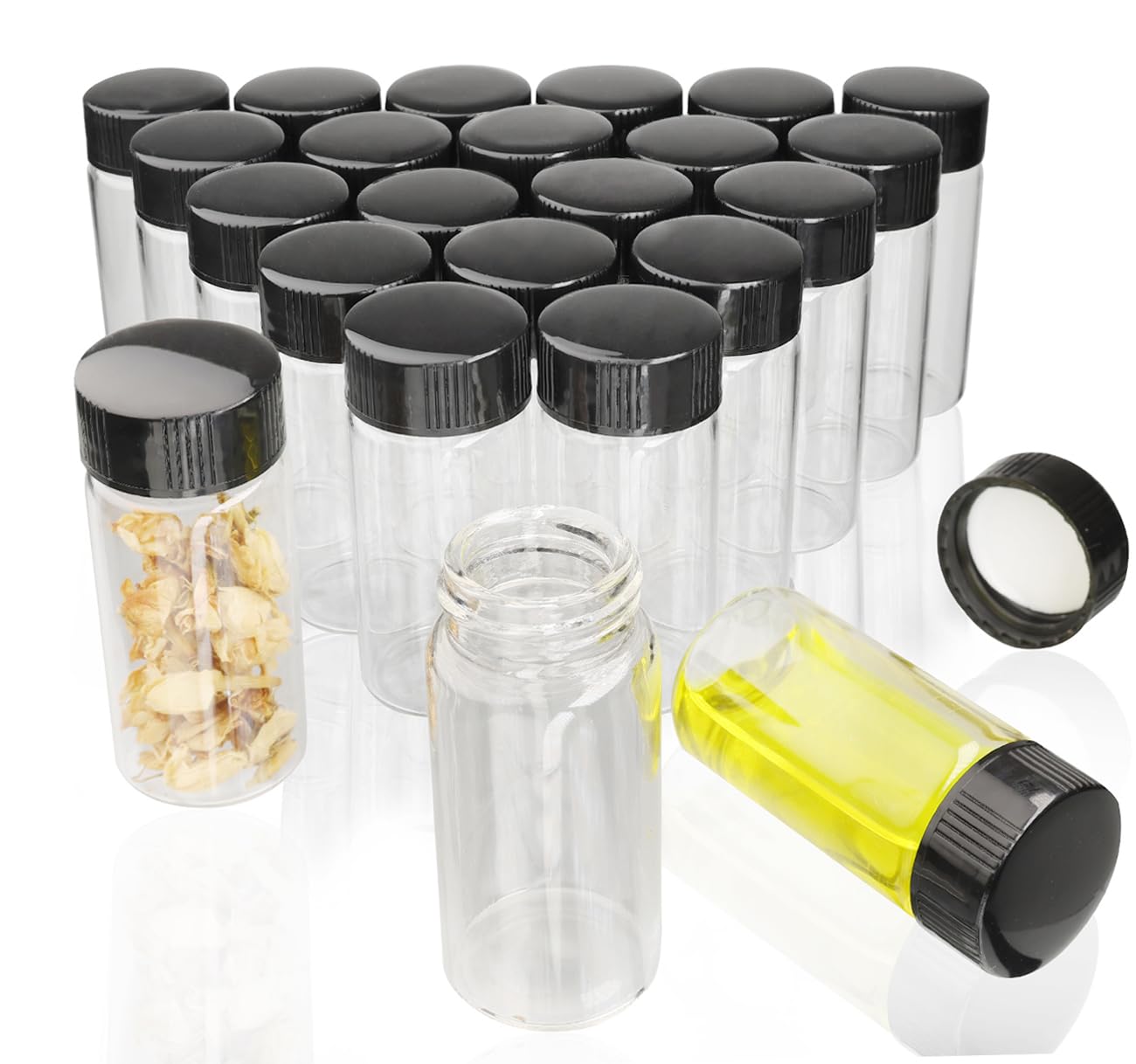 JIUWU 20 Pack, 20 ml Clear Glass Vials with Screw Caps 5 Dram Small Size Storage Bottle Container with Lids for Lab/Travel Essential Oil Samples Anointing Oil Vial Specimen and Water Sample Bottles