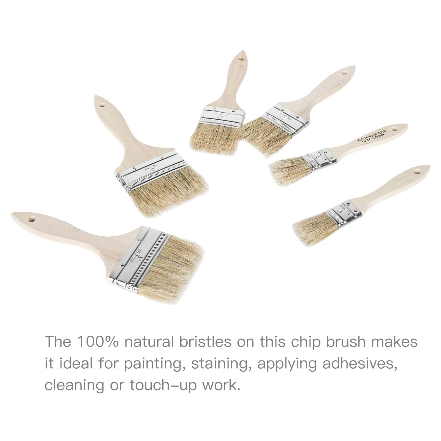 ETERNA 6Pack Household Chip Paint Brush 1inch 2inch 3inch Natural Bristles Wooden Handle Flat Brushes Set for Painting, Glue, Oil, Acrylic, Stain