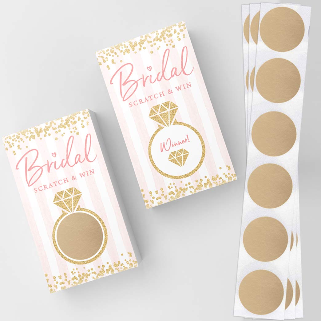 Printed Party Bridal Shower Games – Scratch Off Raffle Cards, Fun Wedding Shower Game, Pink and Gold Design, 30 Cards & Stickers