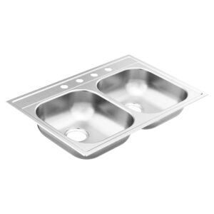 moen gs202174bq 2000 series 33-inch 20 gauge drop-in double bowl stainless steel kitchen sink, 4 hole, featuring quickmount