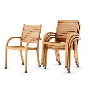 amazonia arizona patio stacking chairs | teak finish | durable and ideal for indoors and outdoors (set of 4), light brown