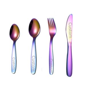 obtian stainless steel customized rainbow kids silverware 2/3/4 pieces set,engraving name knife forks spoon set,personalized children's name tableware, customized flatware set rainbow