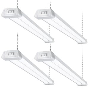 leonlite 4 pack 4ft led shop light, linkable utility shop lights, 40w, 5000k daylight for garages, workshops, hanging or flushmount linear worklight fixture with power cord with pull chain switch