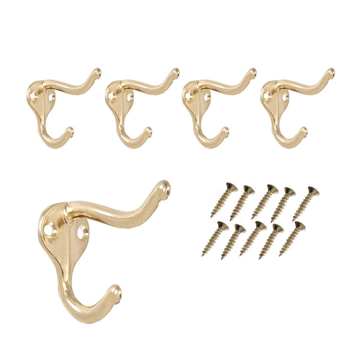 HOWTOOL Coat Hooks for Wall Hanging Heavy Duty Wall Mounted Brass Plated, 5 Pack