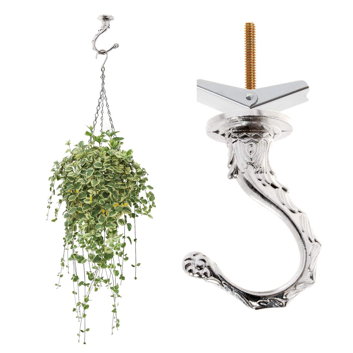 Penck Swag Hooks for Ceiling Hanging - Decorative Ceiling Hooks for Hanging Plants - Heavy Duty Hooks with Hardware for Ceiling Installation Cavity Wall Fixing, Silver, 2-Pack